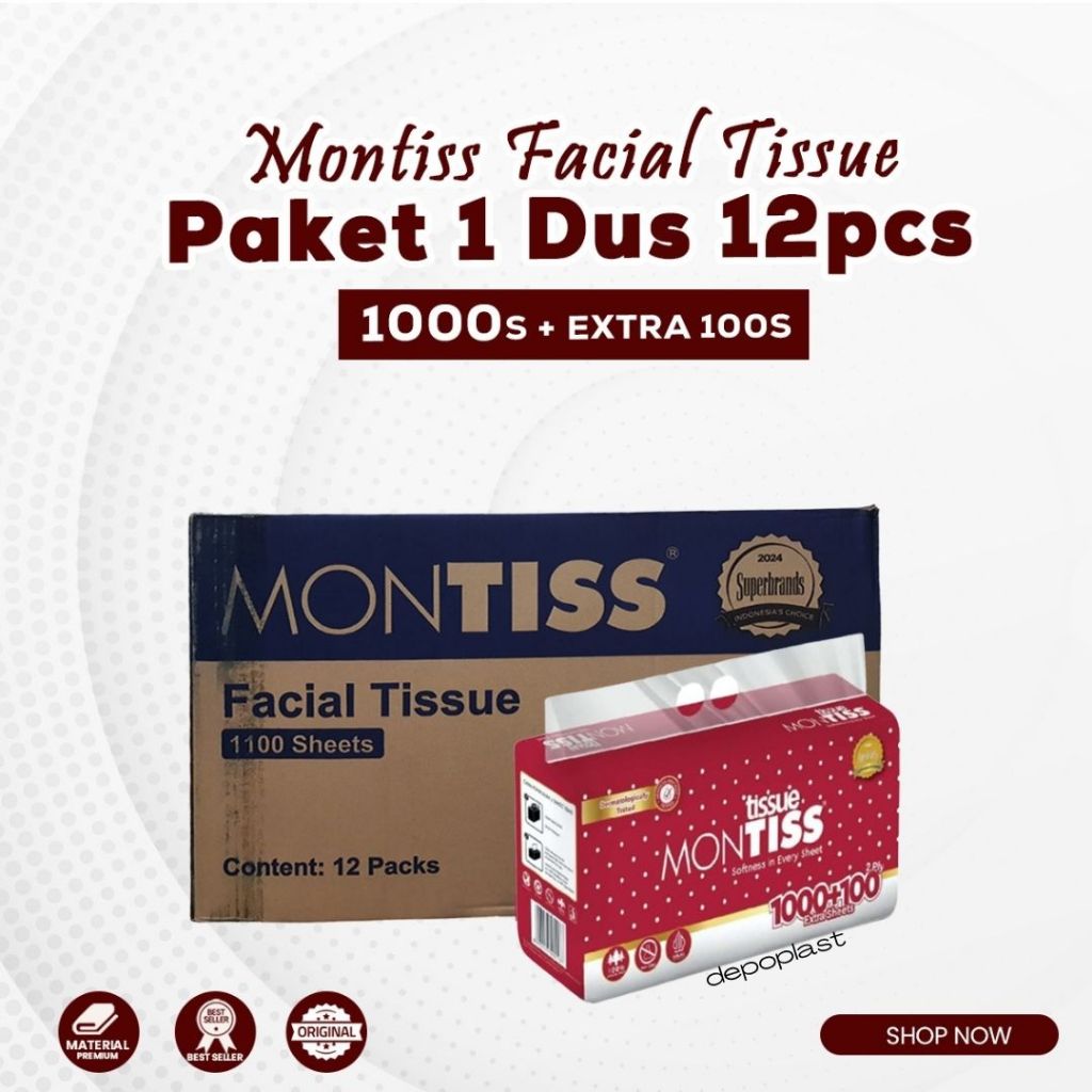 Jual (PAKET 1 DUS/12 PCS) Tissue Facial Montiss 1000 Sheets - 2 Ply ...