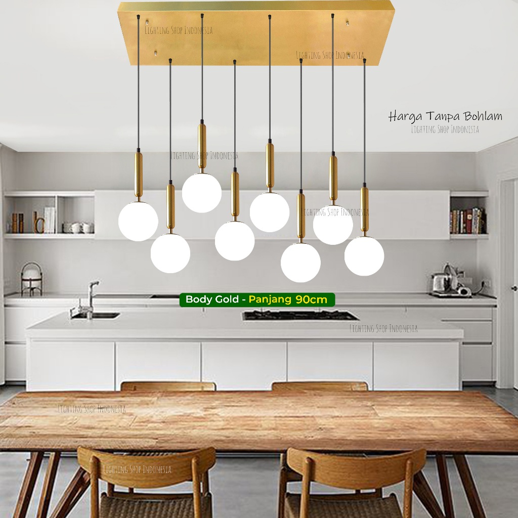 Jual Lampu gantung 8in1 10in1 kop panjang 90cm 130cm kaca susu 15cm body gold hitam 8lampu ...