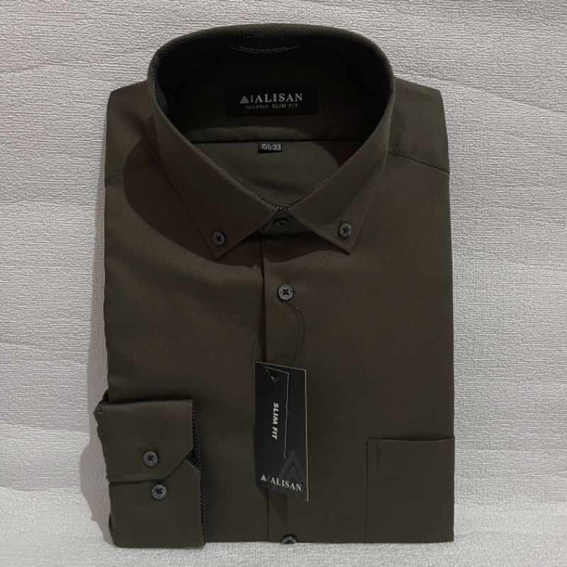 Jual Lengan Panjang Slimfit ALISAN Dobby Olive1 Kombinasi Dalam Bintik ...