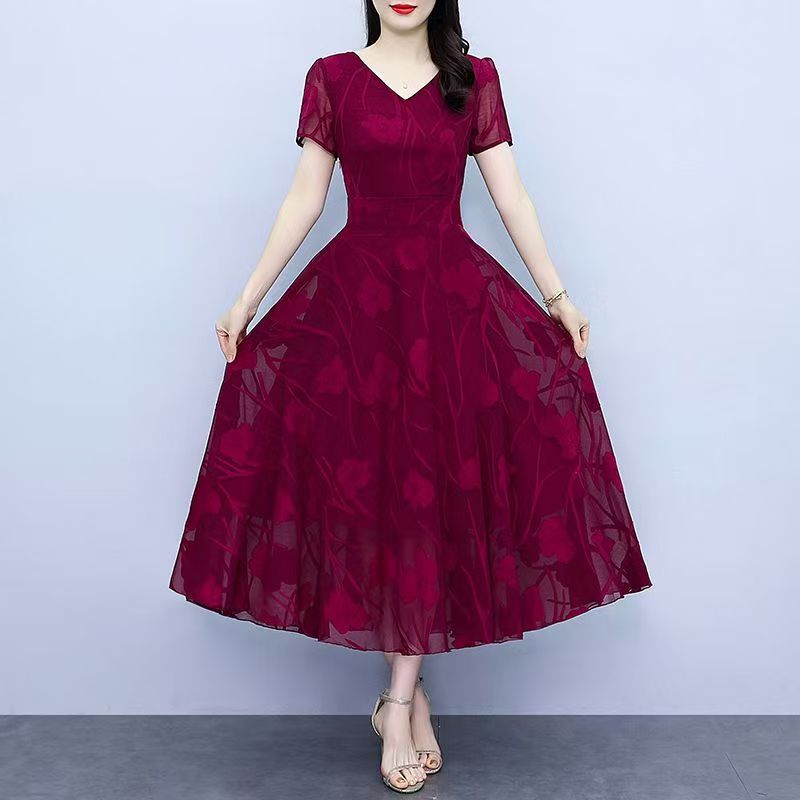 Jual FAN Busana Gaun Temperamen Sifon Cetak Mode Gaun Midi Vintage yang ...