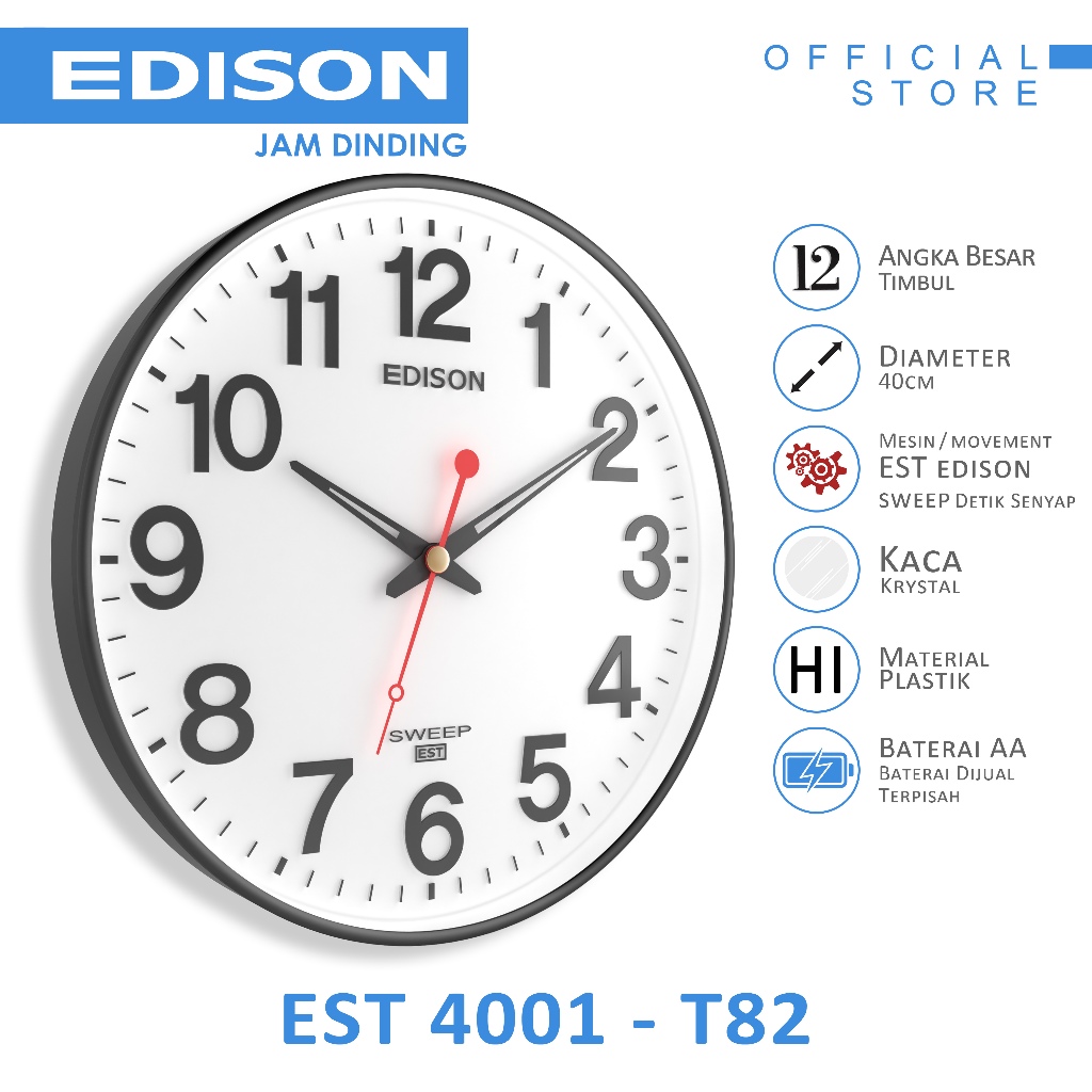 Jual Jam Dinding Edison Sweep EST 4001 T82 Timbul Diameter 400mm 40cm ...