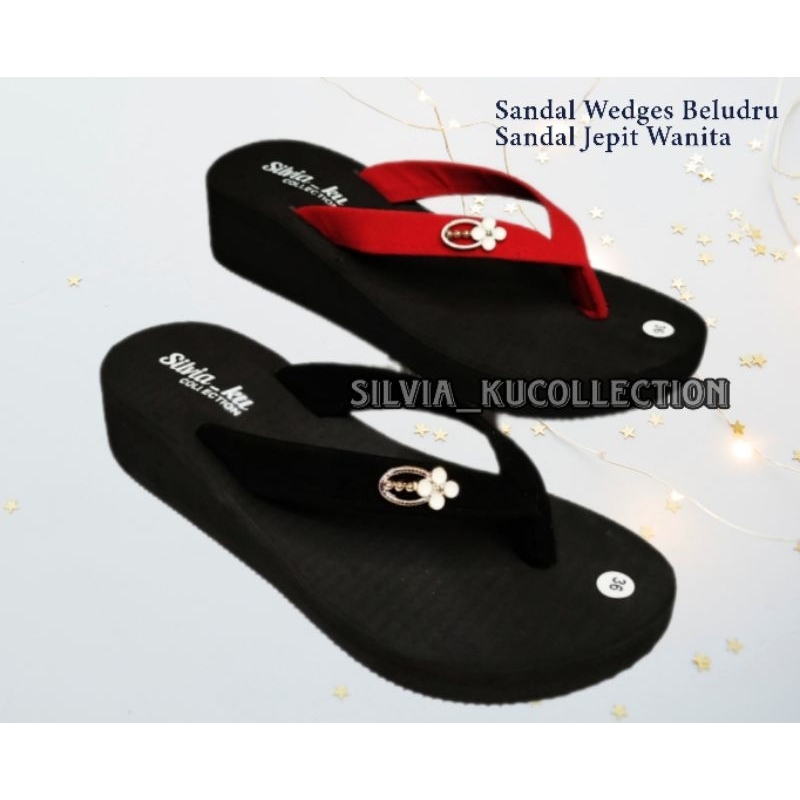 Jual Sandal Wedges Spon Sandal Jepit Wanita Beludru Bunga Cantik ...