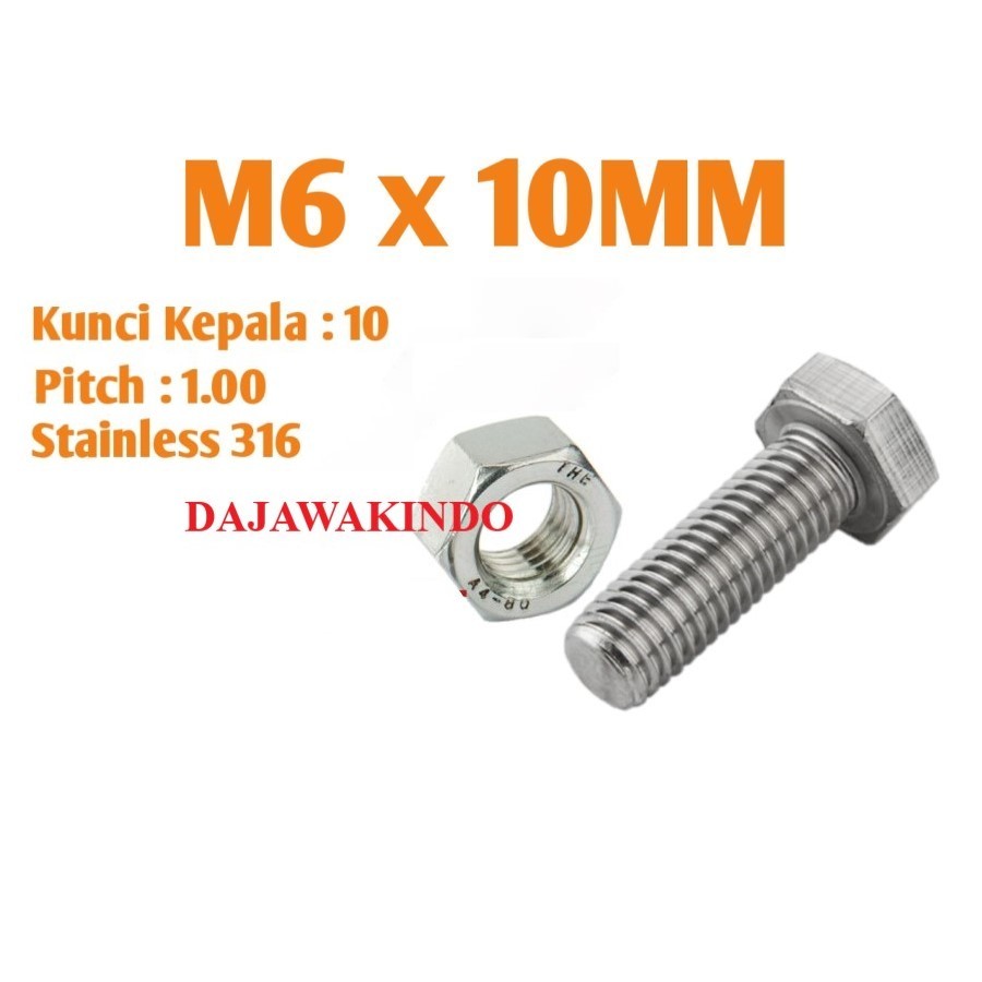 Jual Baut Mur Stainless M6 x 10 mm / Bolt Nut Stainless Steel 316 | Shopee Indonesia