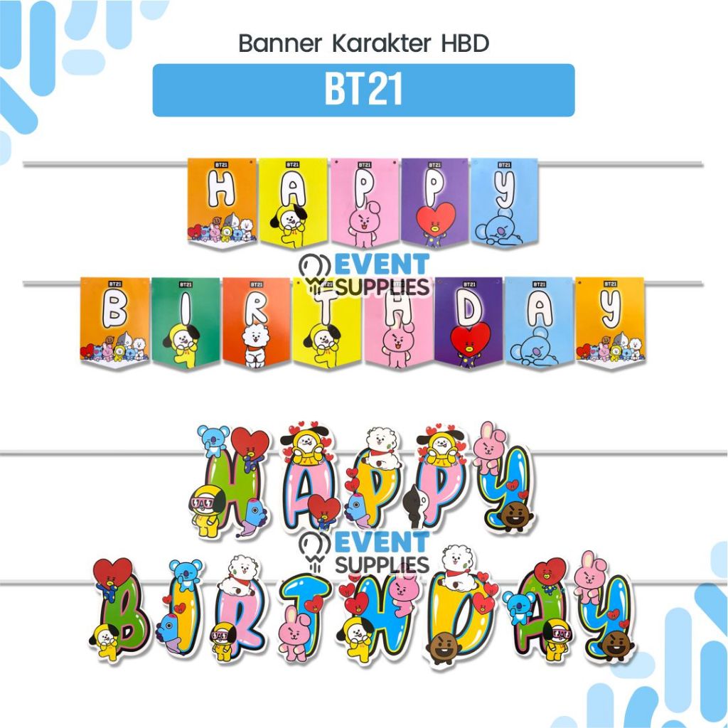 Jual Banner Karakter BT21 Happy BirthDay Bunting Flag Warna Banner Set ...
