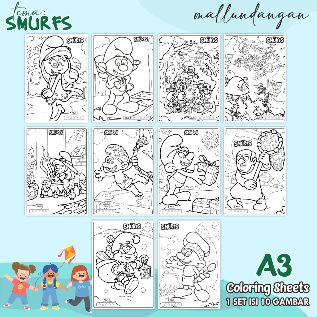 Jual LEMBARAN MEWARNAI ANAK A3 - TEMA SMURFS - PAPER COLORING SHEETS ...