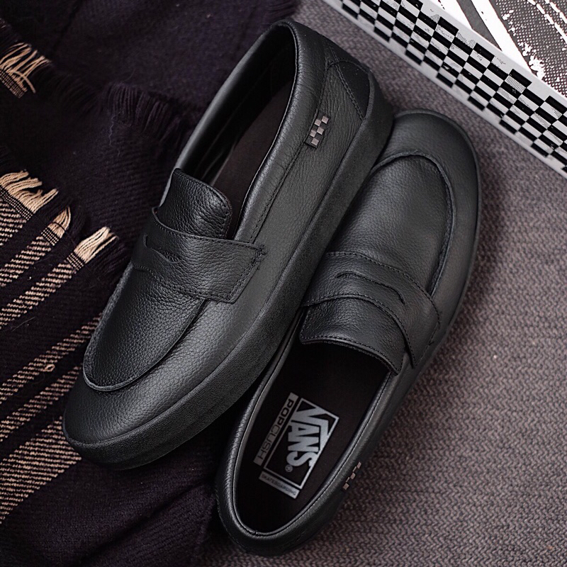 Jual Sepatu Vans Slip On Pro Skate Loafer Leather Black Black 100% ...