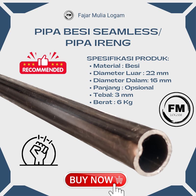 Jual Pipa Besi Seamless OD 22mm, ID 16mm | Panjang sesuai permintaan | Panjang 2 M| Pipa anti ...