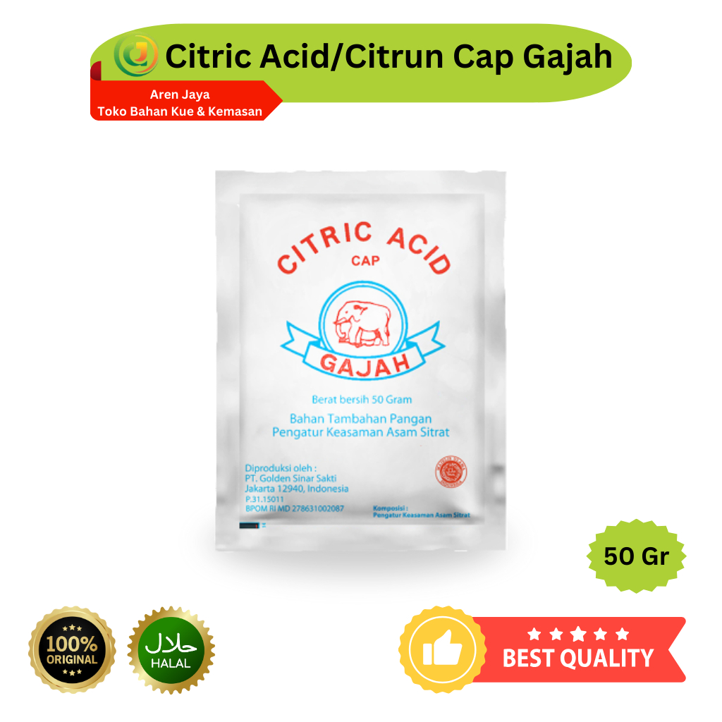 Jual Citric Acid Citrun Asam Sitrat Sachet Cap Gajah 50 Gram Original ...