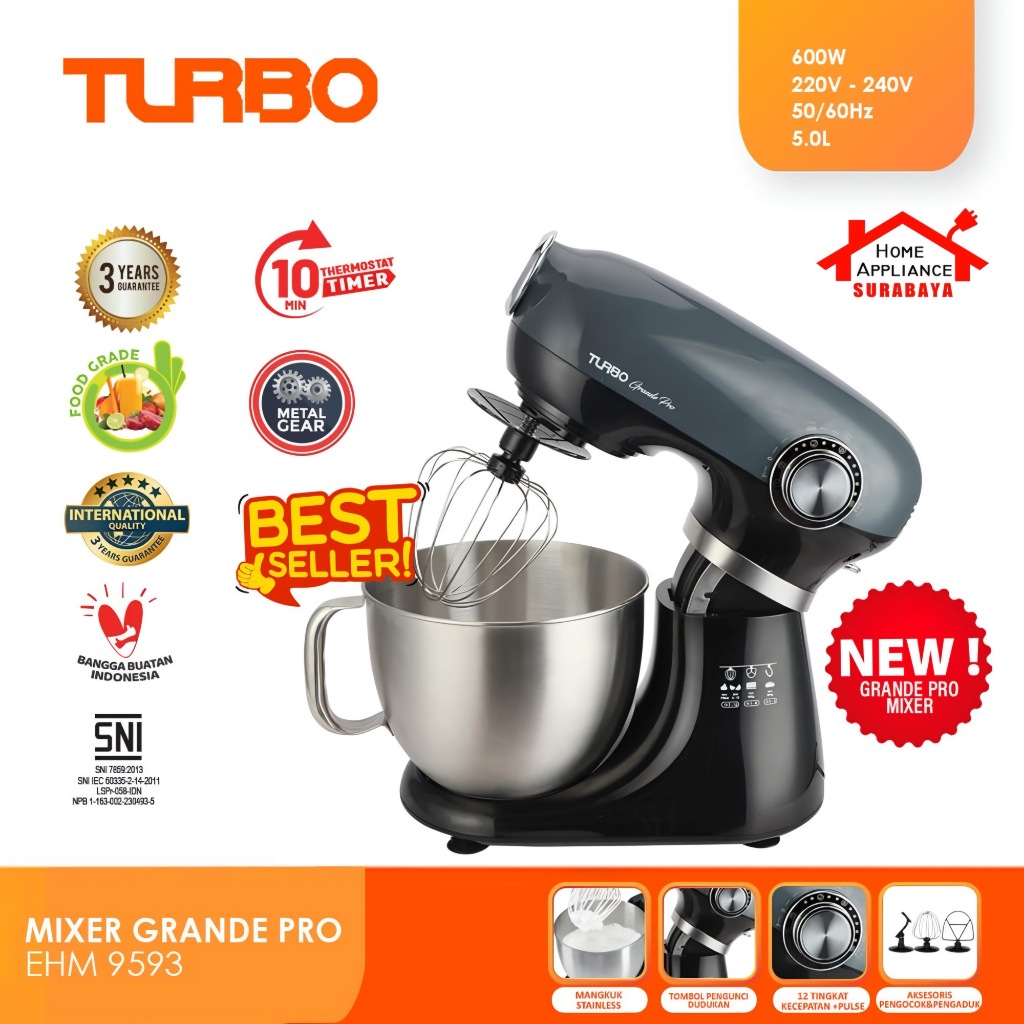 Jual TURBO Stand Mixer GRANDE PRO Stainless 5 Liter New EHM 9593 ...