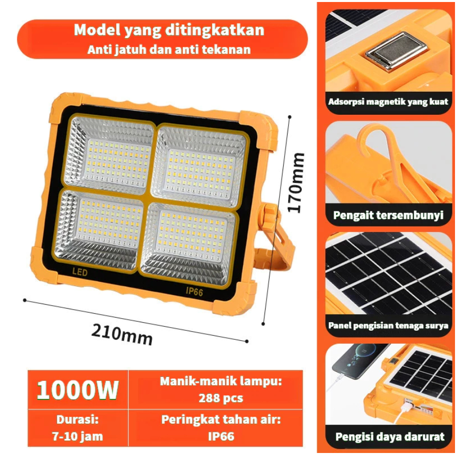 Jual Lampu EMERGENCY LED 100 WATT Tenaga Surya Luar Ruangan Dapat Diisi Ulang Daya Melalui USB ...