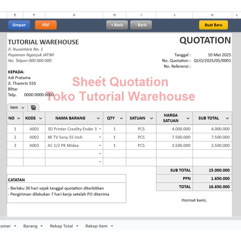 Jual Template GSheets Quotation Penawaran Otomatis Simpan ke Arsip (Rekap) dan Export ke PDF ...