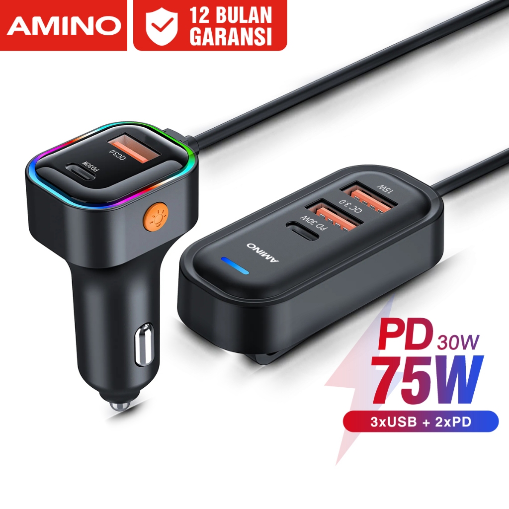 Jual AMINO 75W Car Charger Mobil 5 in 1 Cable Kabel Type C USB Port ...