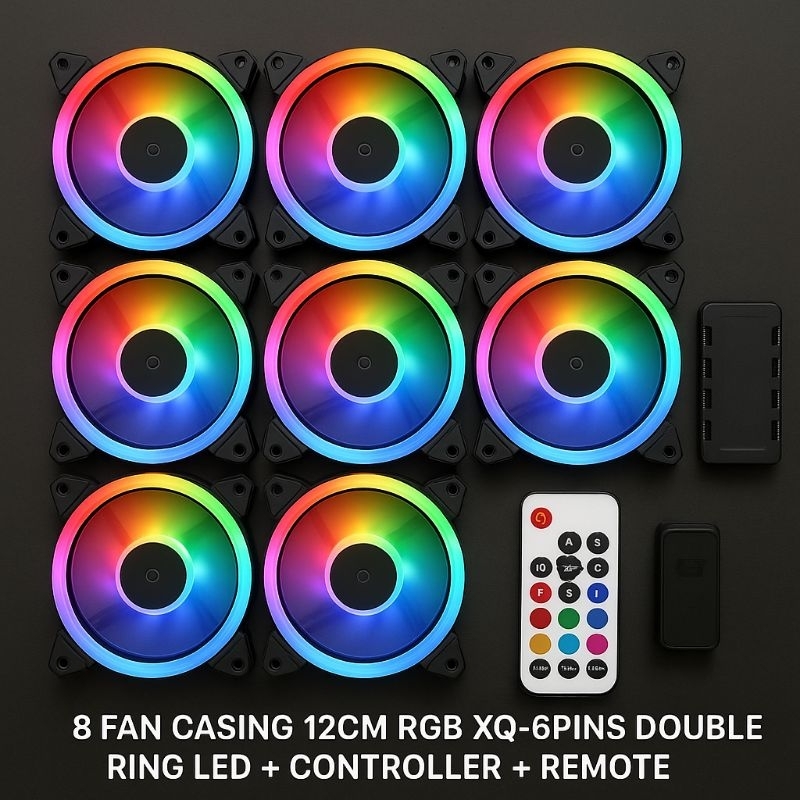 Jual Paket 8 Fan Casing 12Cm RGB XQ-6Pins Double Ring Led + Controller ...