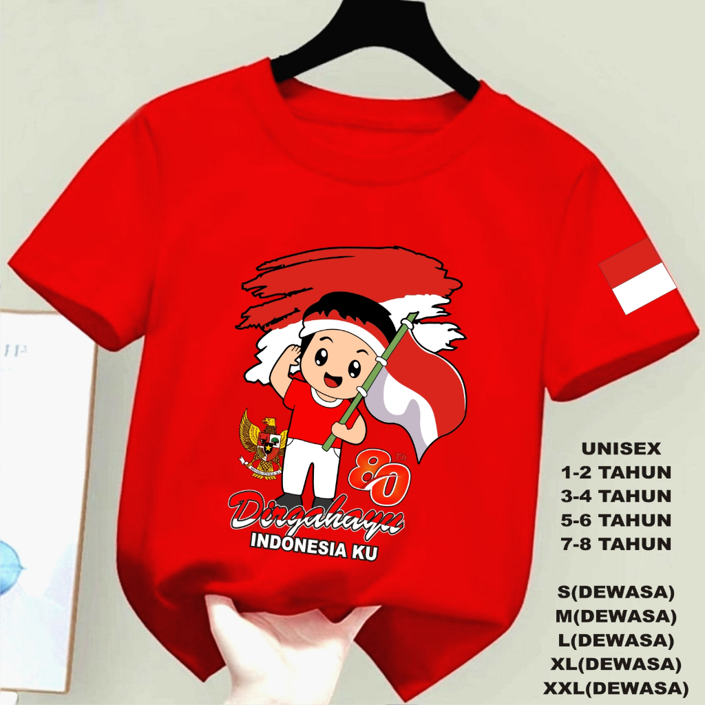 Jual (beli 10 kaos , bonus 1 kaos acak) KAOS ANAK HUT RI KE 80 TAHUN INDONESIA DTF ORANG BENDERA ...