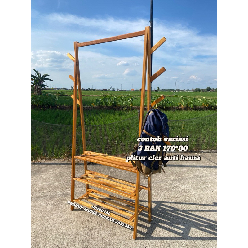 Jual STAND HANGER KAYU GANTUNGAN BAJU KAYU DENGAN RAK SERBAGUNA UKURAN ...