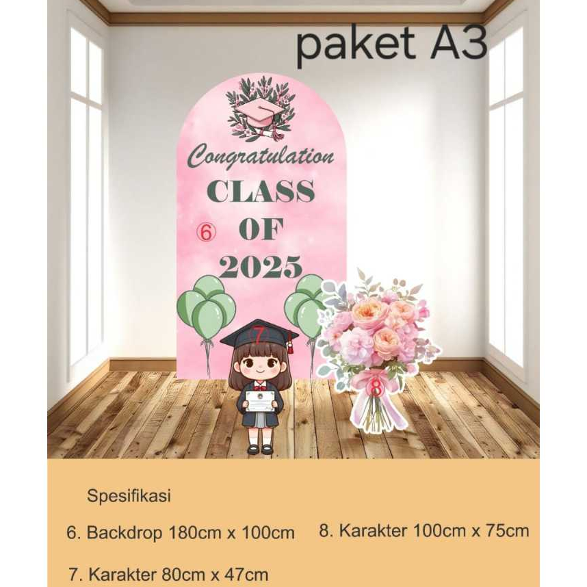 Jual paket dekorasi graduation UV print backdrop dan standing karakter ...