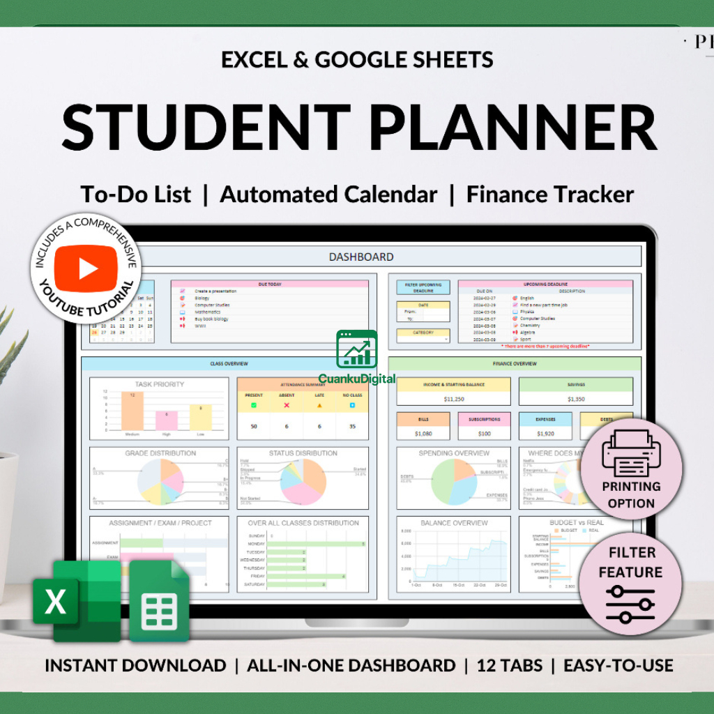 Jual Student Planner Digital Excel & Google Sheets - Pelacak Tugas ...