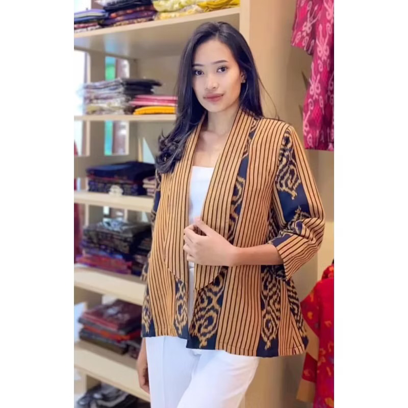 Jual blazer tenun wanita atasan batik kuning salur | Shopee Indonesia