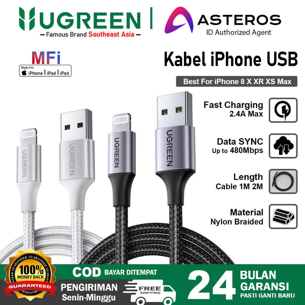 Jual UGREEN Kabel Mfi iPhone 5 6 7 8 Plus USB To Ligthning Fast Charge 2.4A Nylon Braided ...