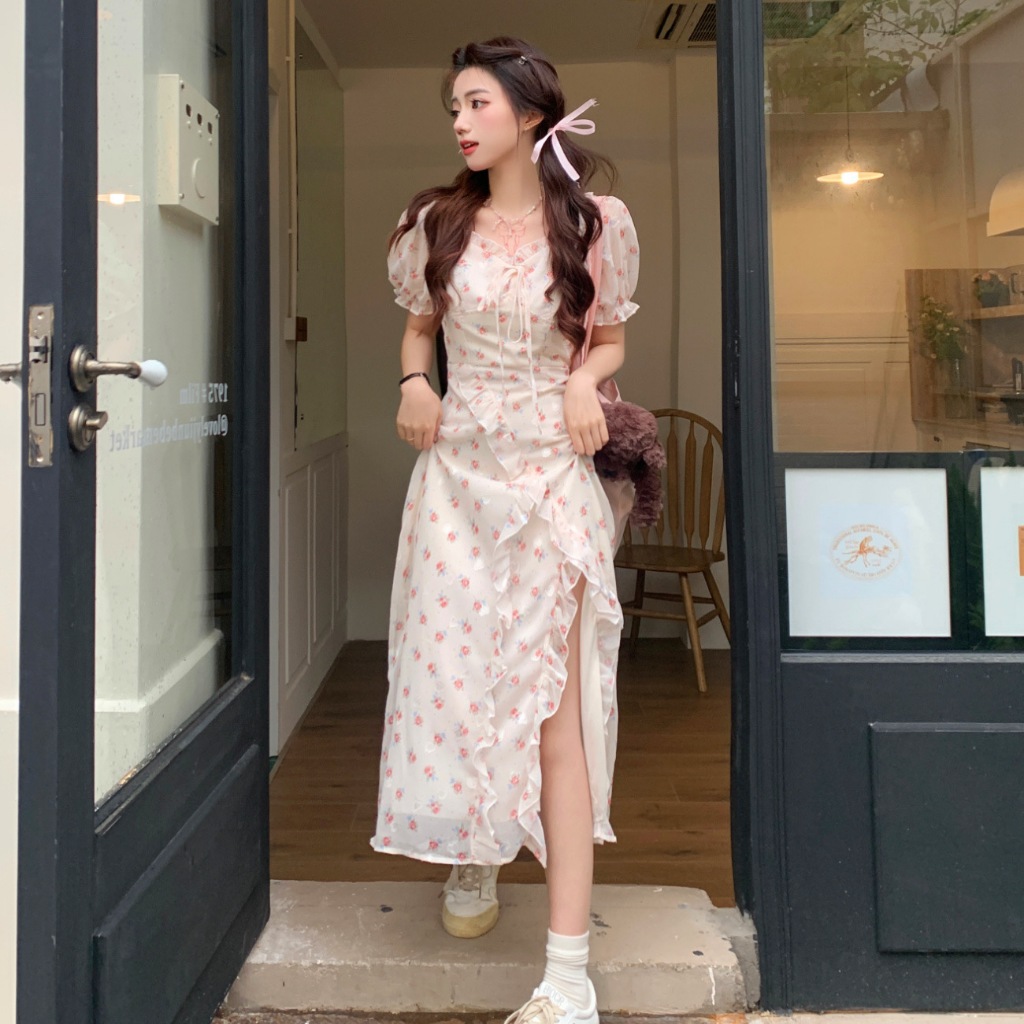 Jual Gaun Bunga Pecinta Mawar Gaun Ruffle Ramping Lembut Panjang Sedang ...