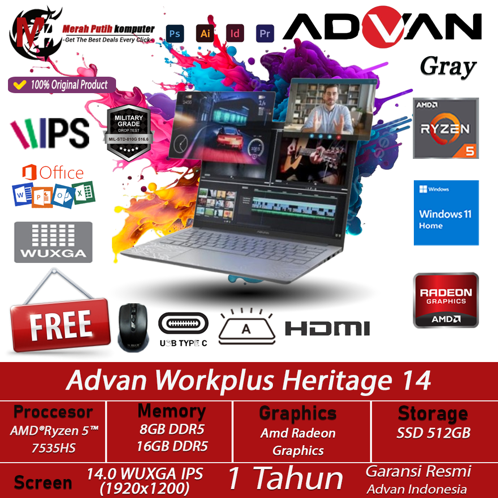 Jual Advan Workplus Heritage 14 1701 L25B-R57S1 Amd Ryzen 5 7535HS 16GB ...
