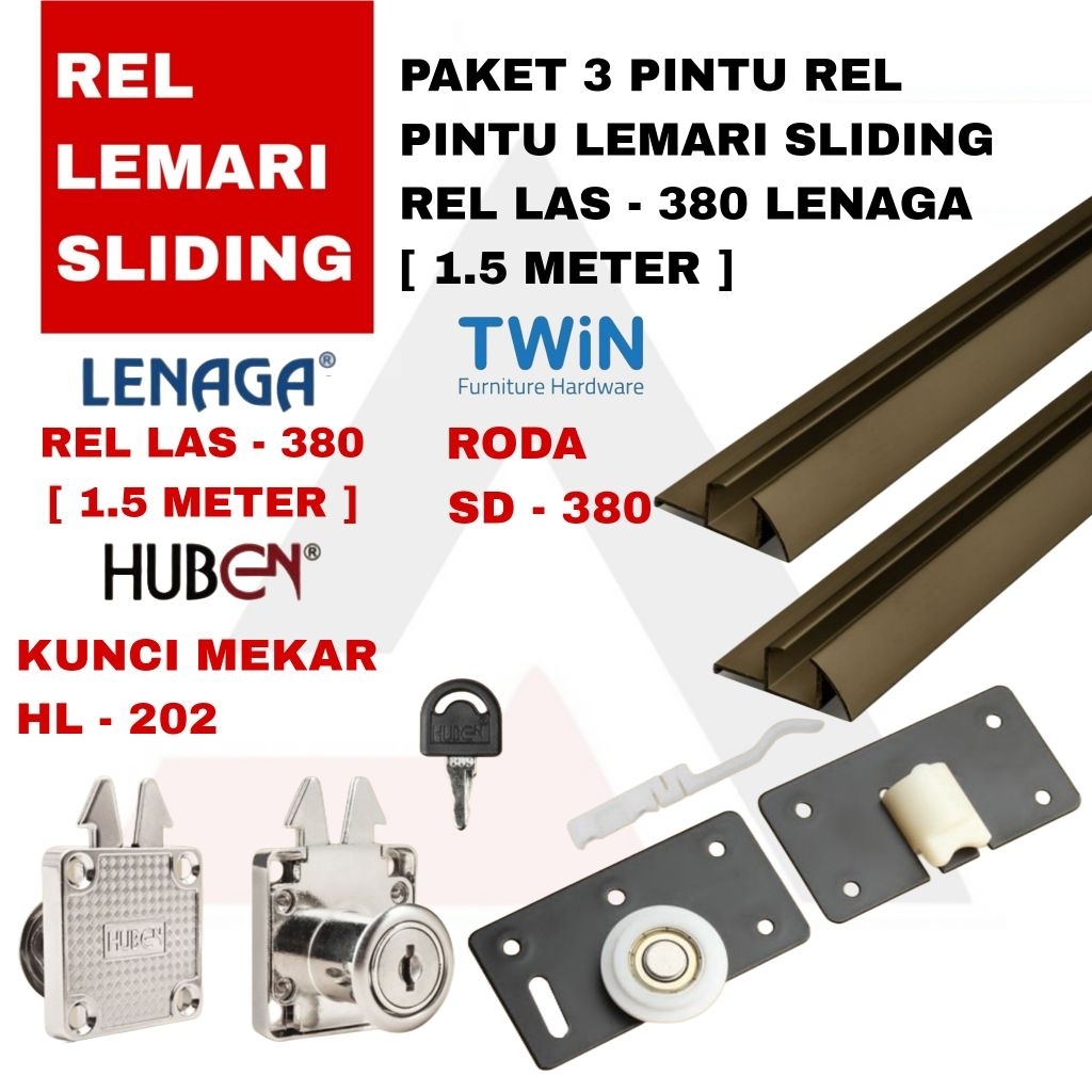 Jual [ 3 Pintu + Kunci ] Rel Lemari Sliding Timbul 3 Pintu 1.5 Meter Rel LAS - 380 Lenaga ...