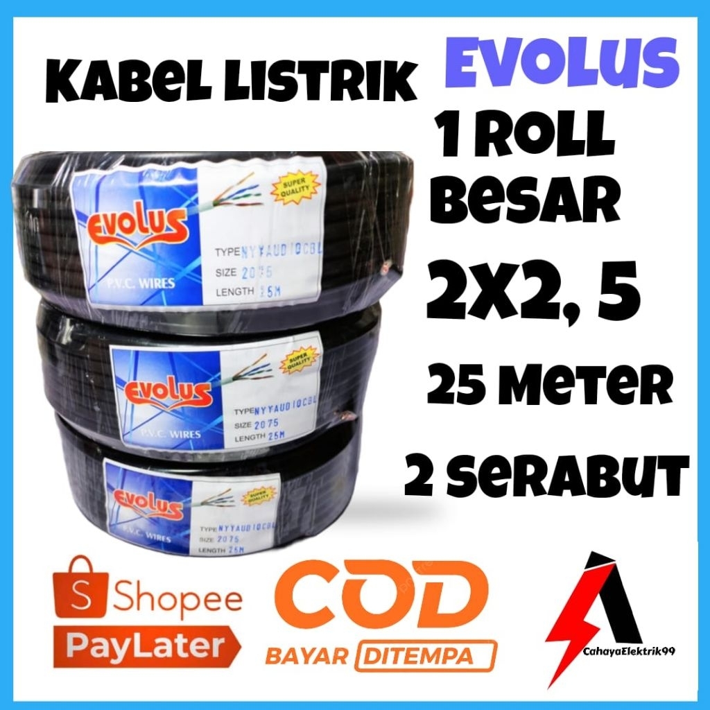 Jual kabel listrik dan audio evolus 2x2,5 25 meter full warna hitam isi ...