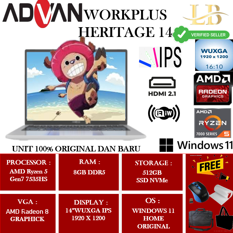 Jual Laptop Gaming Advan Workplus Heritage 14 Amd Ryzen 5 7535HS 8GB ...