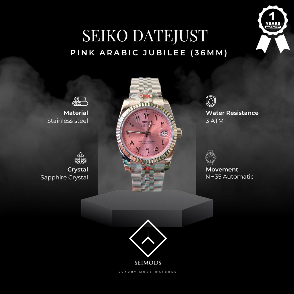 Jual Jam Tangan Seiko Mod Datejust 36mm Pink Arabic Fluted Bezel Jubilee Strap NH35 Automatic ...