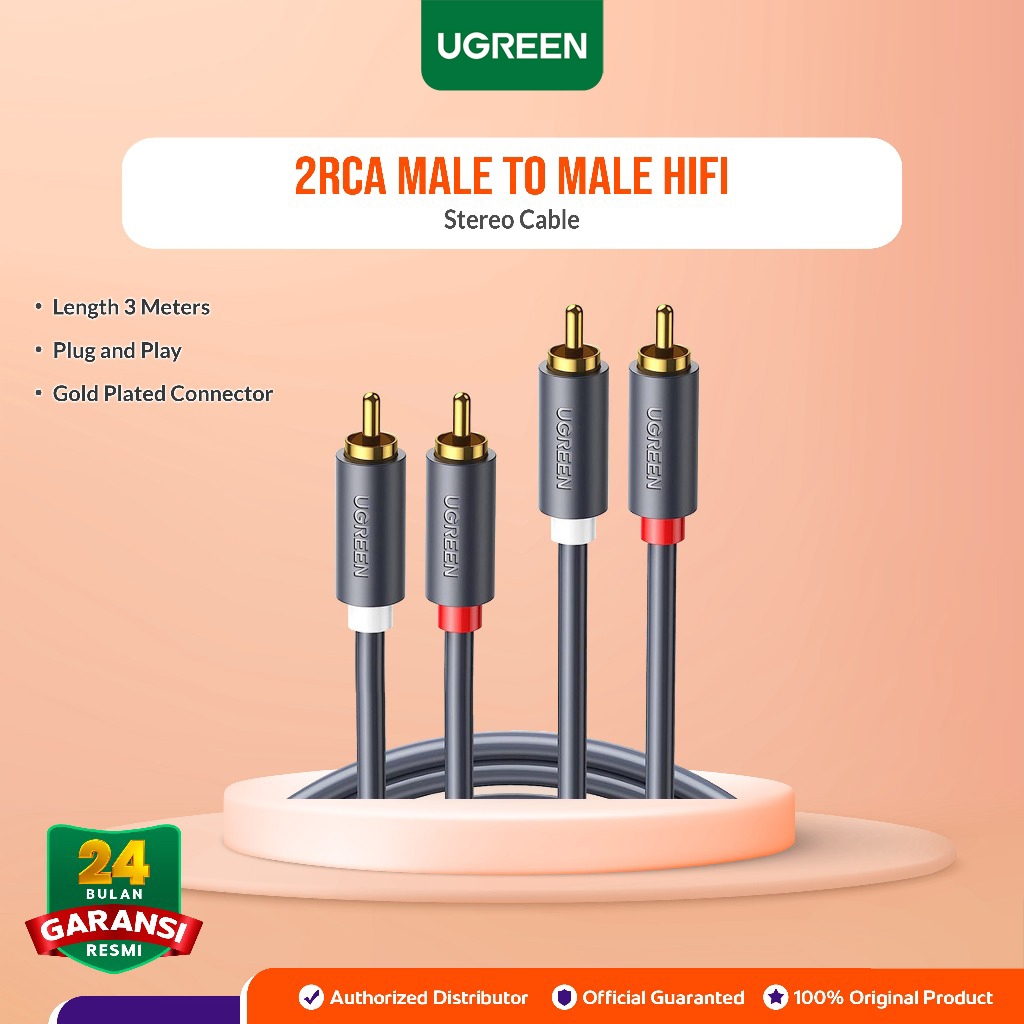 Jual UGREEN 10519 Kabel Audio RCA Male to RCA Male Dual Jack Gold Plated Premium Quality 2 RCA ...
