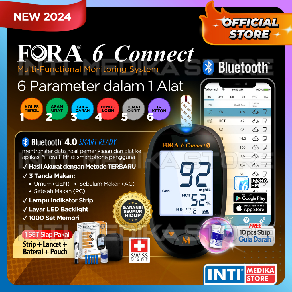 Jual FORA 6 CONNECT - Alat Cek 6in1 Gula Darah + Kolesterol + Asam Urat ...
