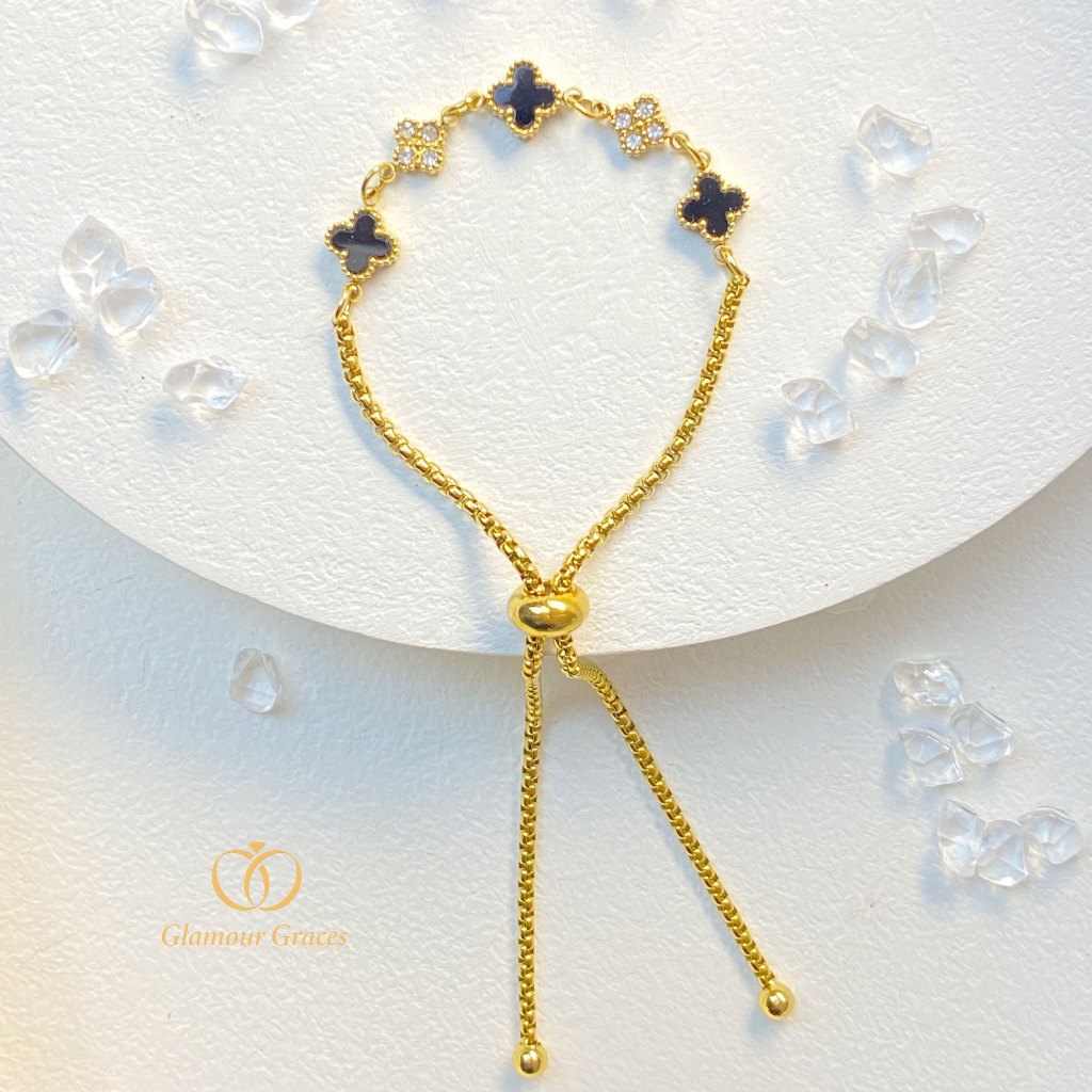Jual Glamour Gracess - Gelang Serut Clover Bunga Semanggi Hitam Warna ...