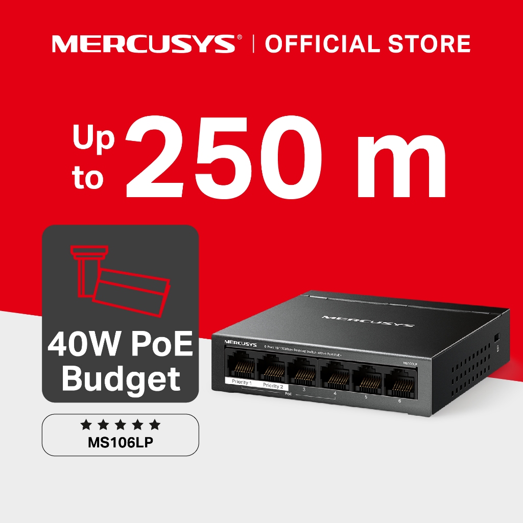 Jual Mercusys | MS106LP | 6-Port PoE+ Switch | 40W | Plug & Play | 10 ...