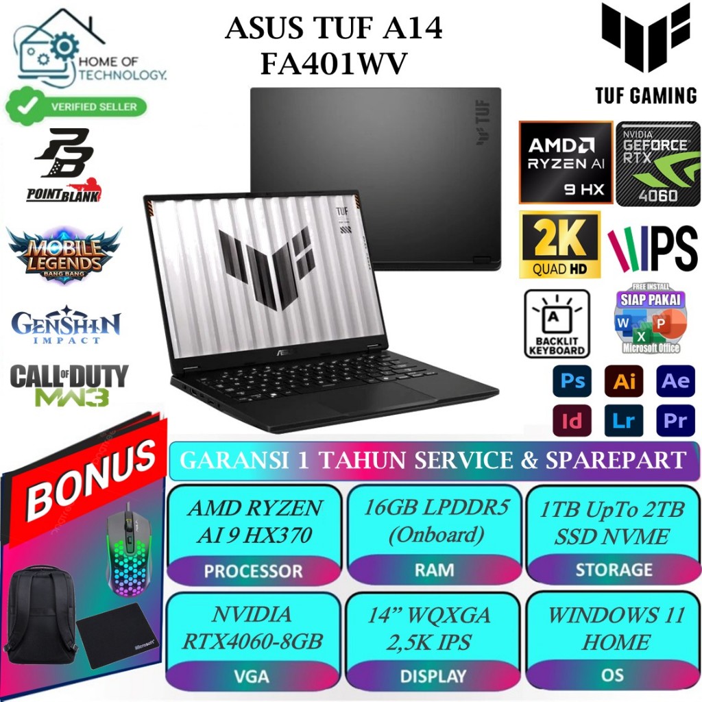 Jual Laptop Gaming Asus Tuf A14 FA401WV AMD RYZEN AI 9 HX370 RTX4060 ...