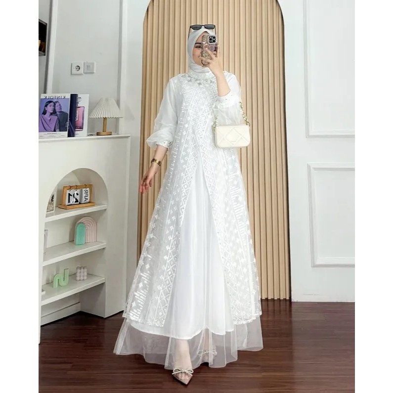 Jual Gamis Putih Wanita Renda Brokat Mix Payet Mutiara Gamis Pesta ...