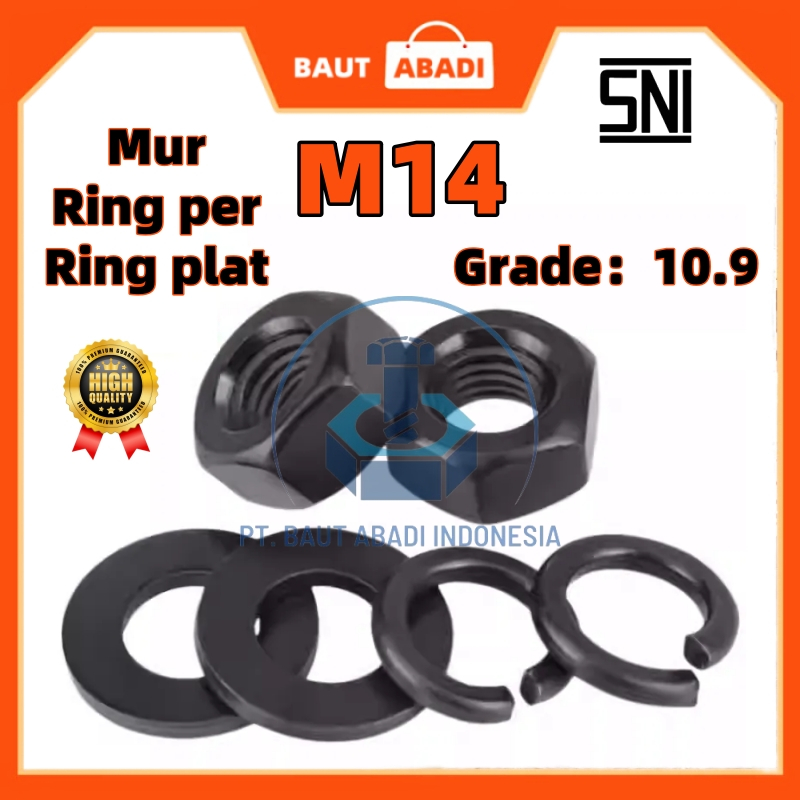 Jual Mur baja hitam M14 Grade 10.9 Ring plat / Ring per / mur hex ...