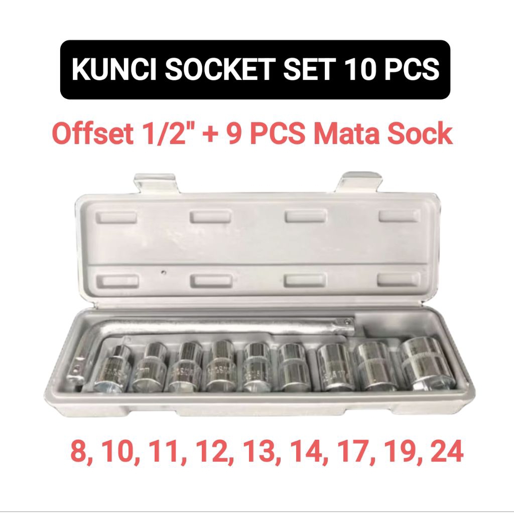 Jual (NB) Kunci Shock Sock hand Socket Sok Set 10 Pcs 8-24 mm (8,10,11,12,13,14,17,19,24 ...
