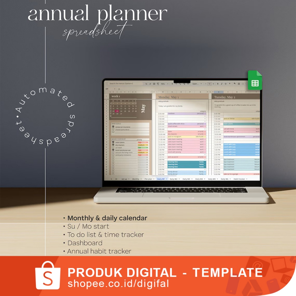 Jual Digital Annual Spreadsheet Planner: Jadwal Harian & To Do List di ...