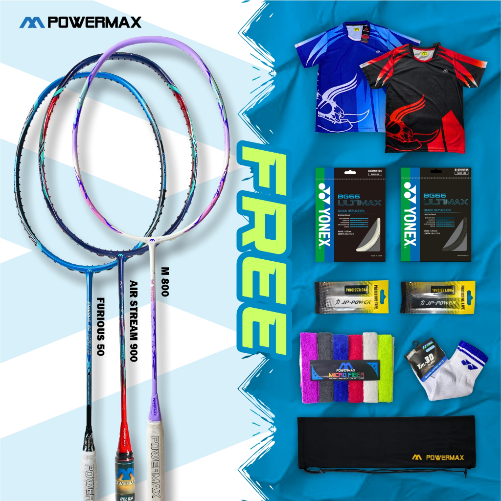 Jual POWERMAX Paket Lengkap 7 In 1 Raket Badminton Seri 36 Lbs Free ...