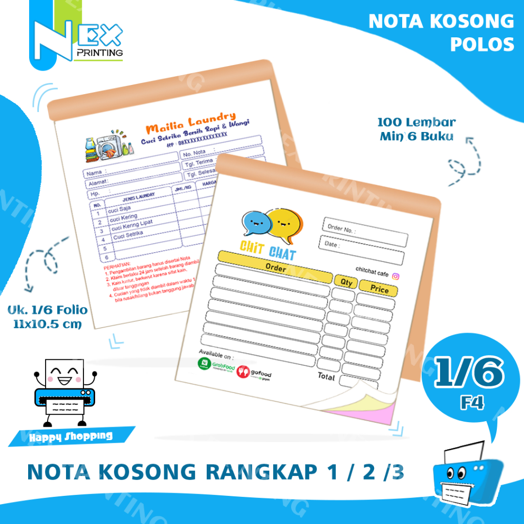 Jual Cetak Nota Ukuran 1/6 Folio Bon Faktur Online Ofline Emas Restoran ...