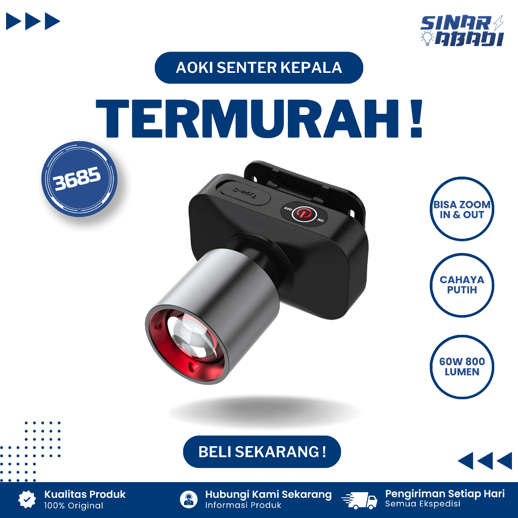 Jual Aoki Senter Kepala Zoom 60W Cahaya Putih AK-3685 | Shopee Indonesia