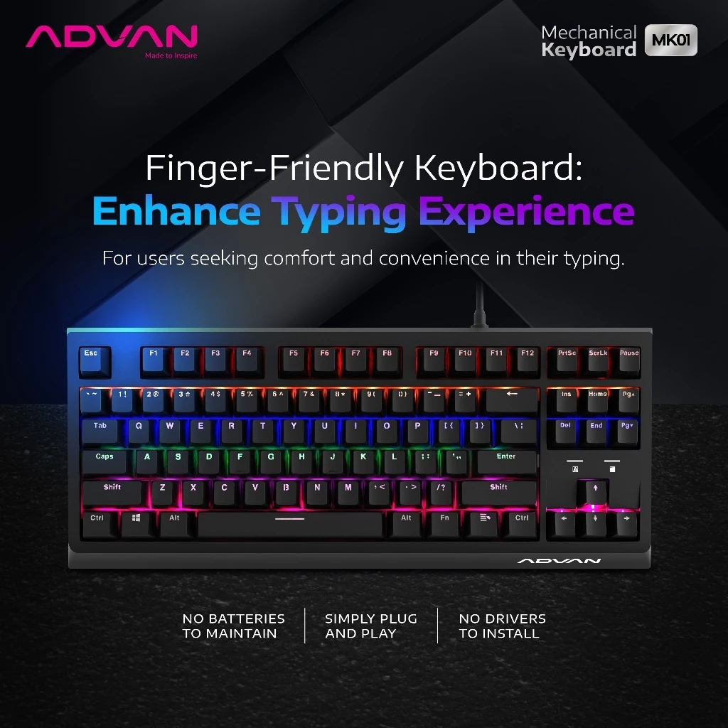 Jual Mechanical Keyboard Advan MK01 Gaming Keyboard TKL 87 KeysRainbow ...