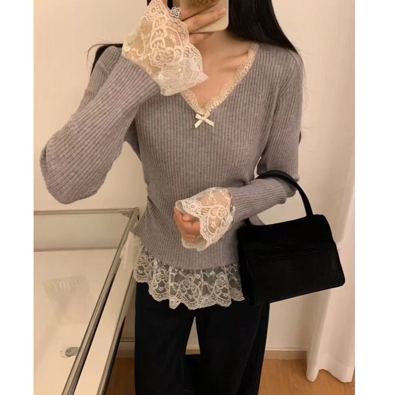 Jual NJ JENA LITTLE BIRD BLOUSE KNIT V PITA MINI RENDA LENGAN PANJANG ...