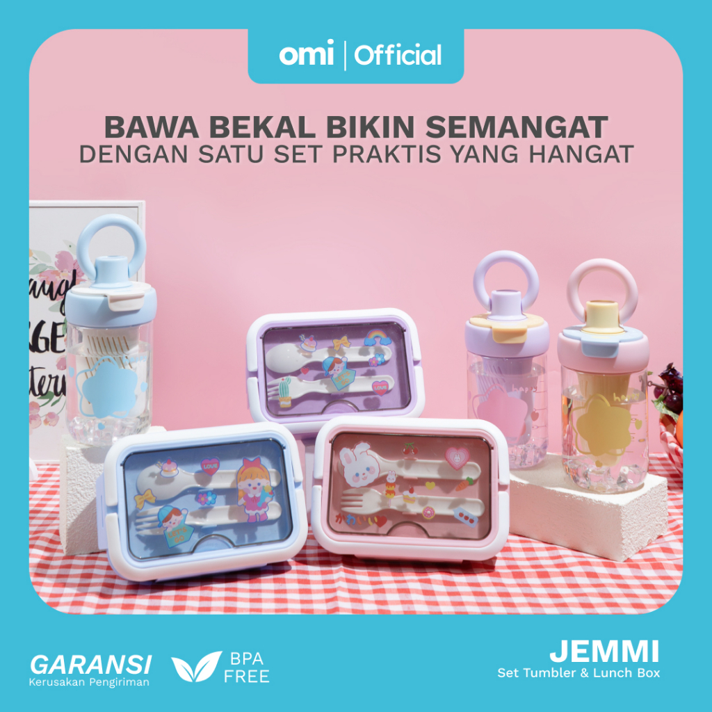 Jual Omi - Jemmi Set Lunch Box & Botol Minum / Kotak Bekal Anak Lucu Aesthethic Lengkap Anti ...