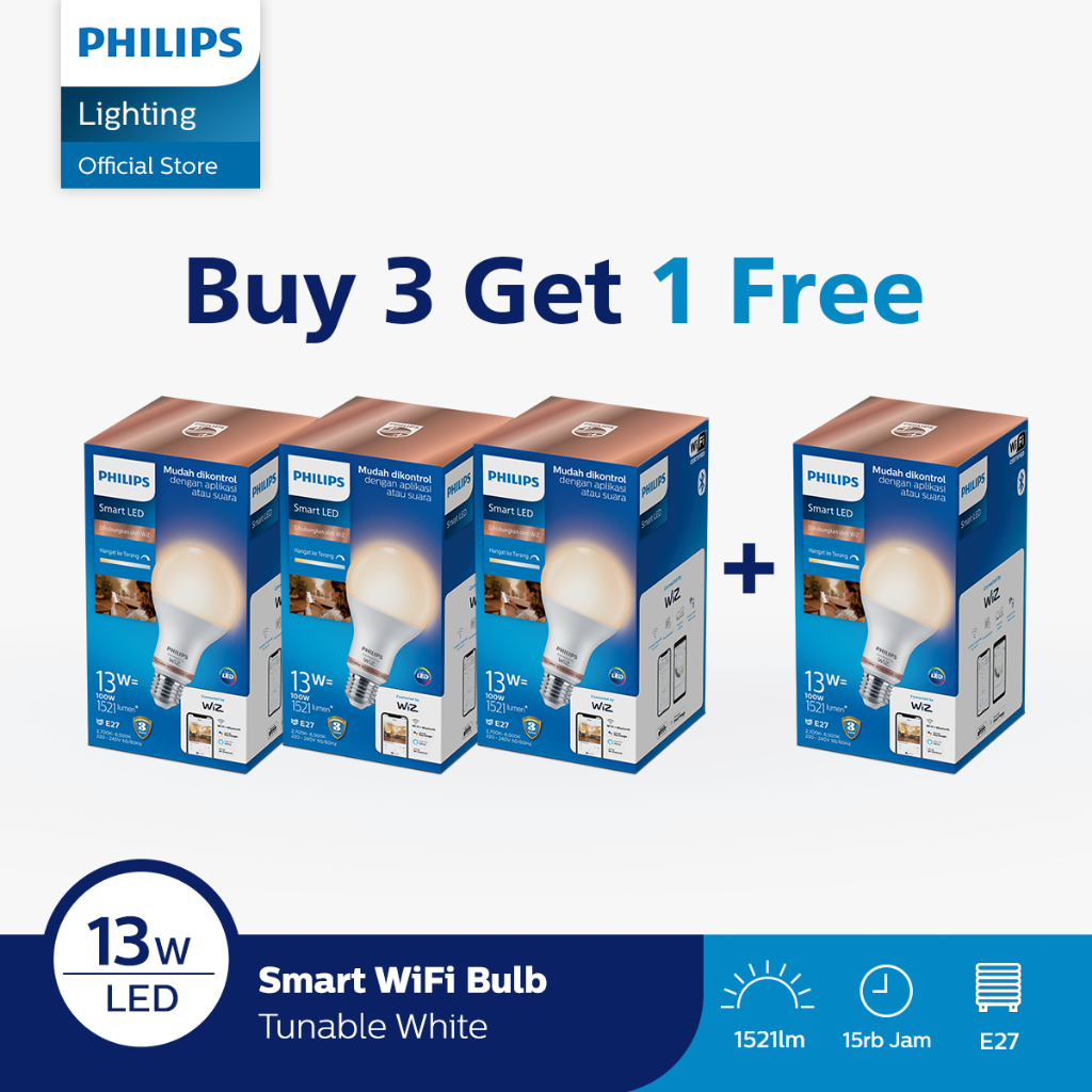 Jual Beli 3 Gratis 1 Philips Lampu Smart WiFi LED 13W - Tunable White | Shopee Indonesia