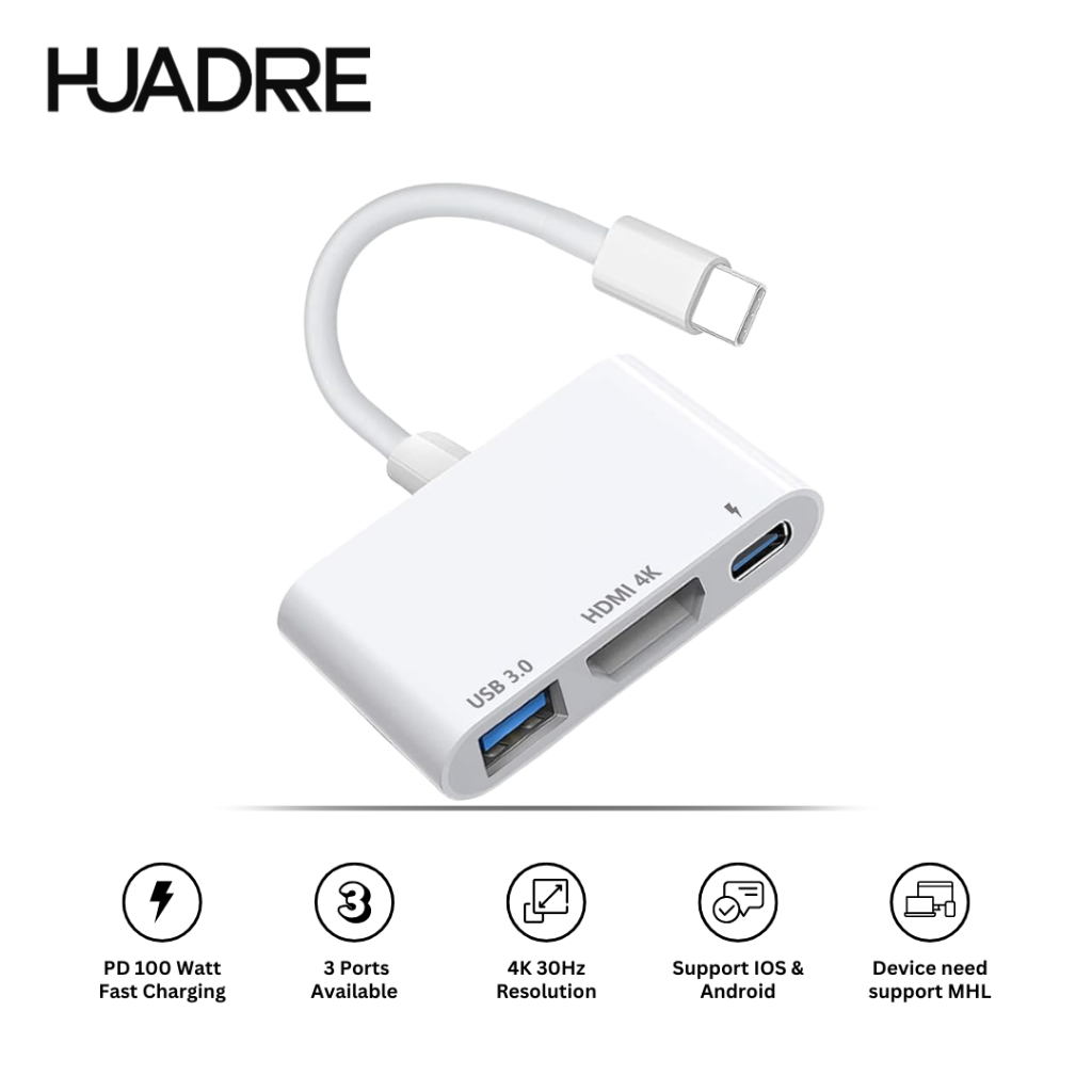 Jual HUADRRE 3 in 1 Usb Hub Adapter Type C to Hdmi 4K High Resolution PD 100 Watt | Shopee Indonesia