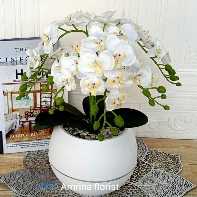 Jual bunga anggrek kain artificial 6 cabang pot bola//bunga anggrek ...