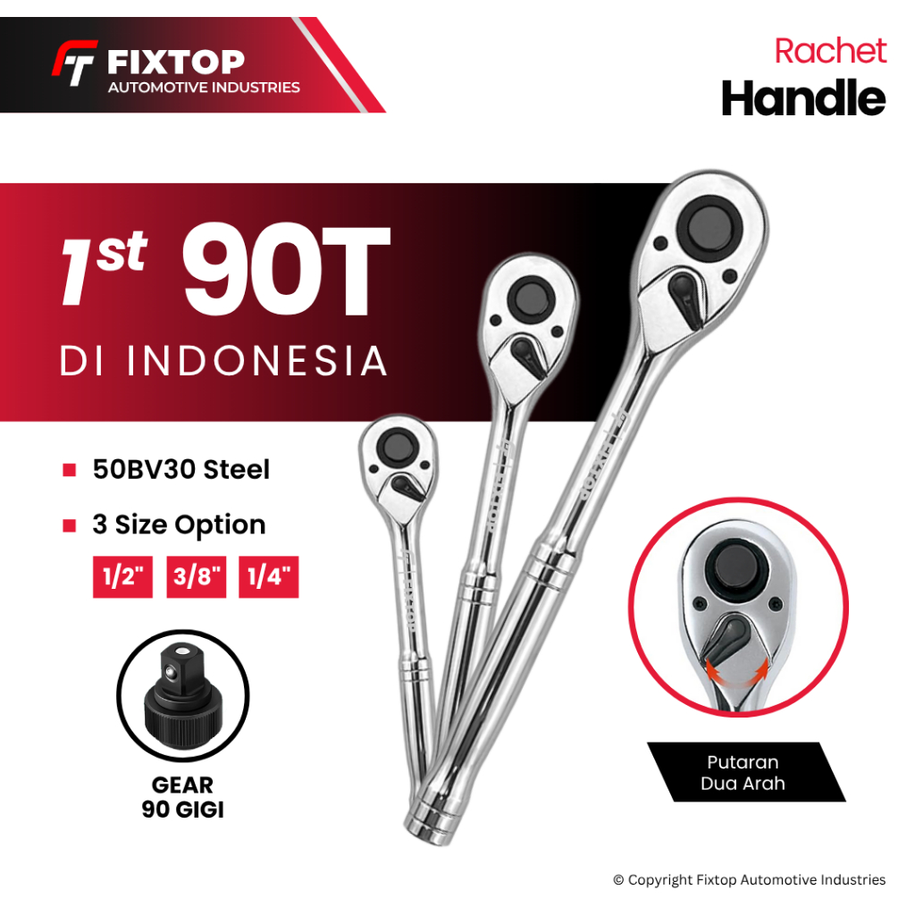 Jual FIXTOP Gagang Rachet 90 Teeth X 1/2 1/4 3/8 Inch Stang Kunci Shock ...