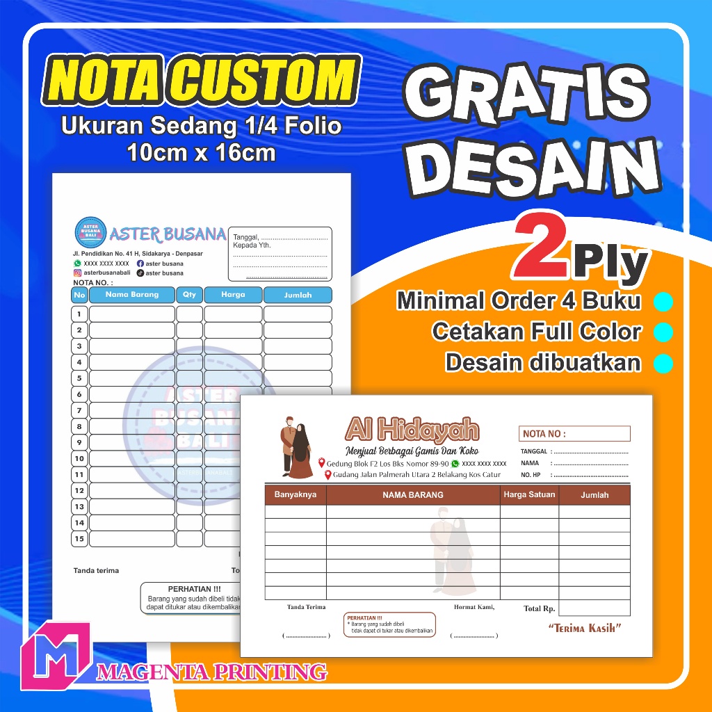 Jual Cetak Nota Custom 2 ply nama toko dan logo usaha sendiri ukuran sedang 1/4 folio ...