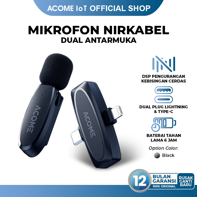 Jual ACOME Mic Wireless AWA-V7B Black 2 Port Type-C & Lightning Clip on ...